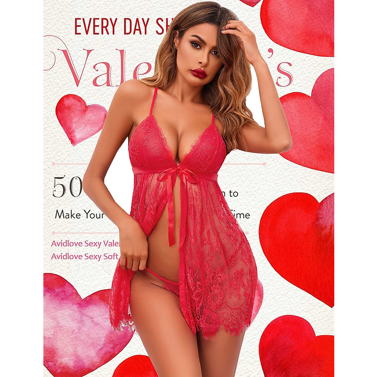 Avidlove Valentines Lingerie for Women Sexy Babydoll Lingerie Open front Chemise Lingerie(Red,X-Large)