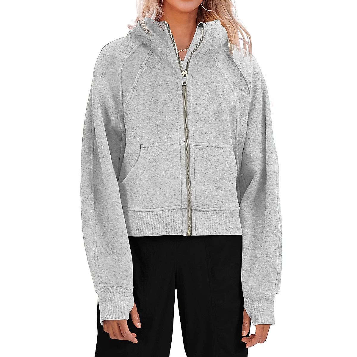 Fisoew Womens Zip Up Sweatshirts Fleece Lined Collar Crop Hoodie Casual Cotton Long Sleeve Tops with Thumb Hole