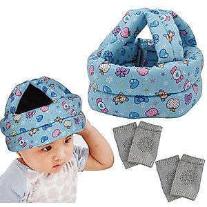 Baby Safety Helmet+2 Pairs Baby Crawling Knee Pads, Soft Comfortable Adjustable Baby Head Protective Cap Hat, Toddler Anti-Slip Knee Pads, for Baby Toddler Sitting Walking Climbing Running (Blue)