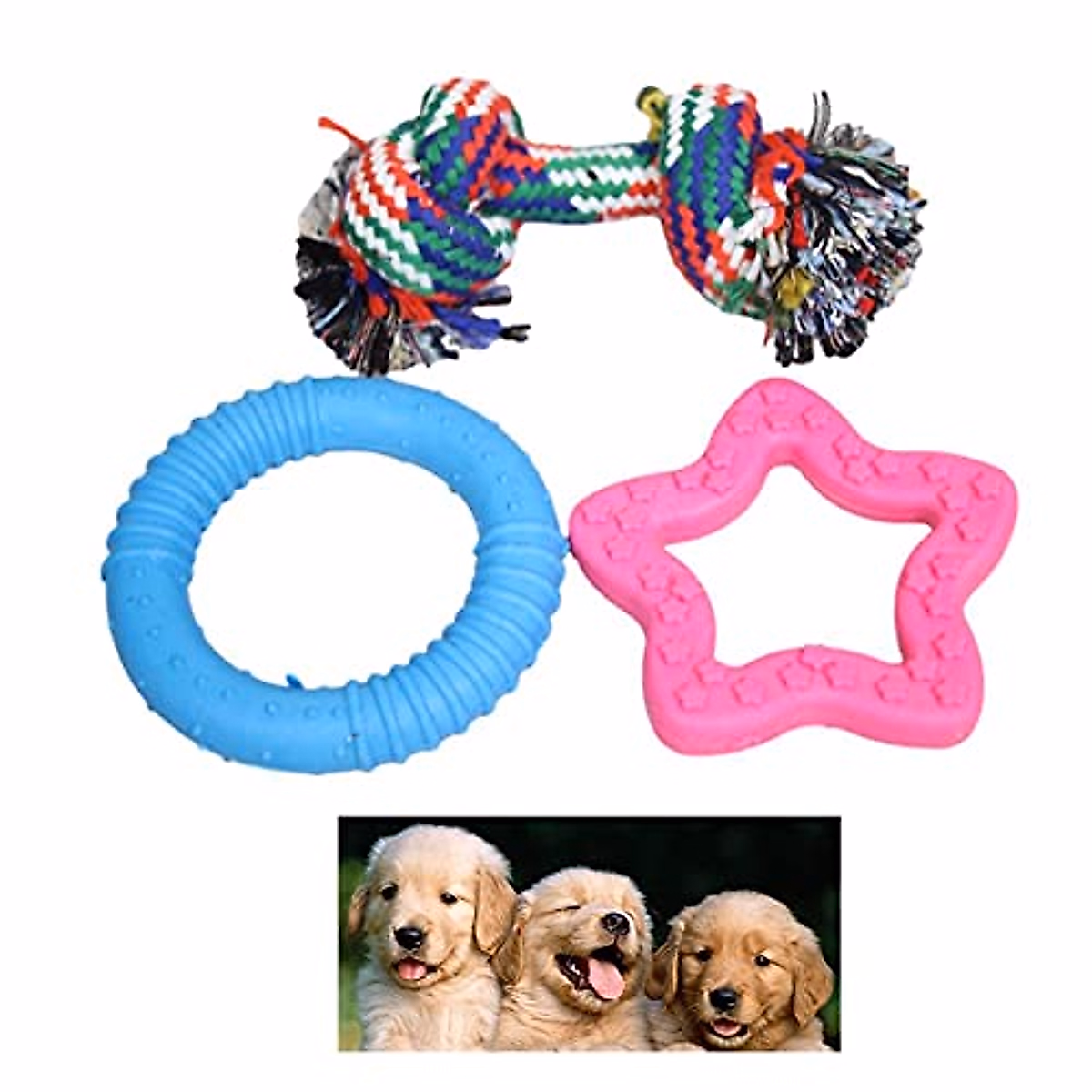 HK Online Rope, Ring & Star DOG CHEW TOY -PET Teething Toy, Build Strong Teeth & Gums, Dental DOG Training Toy (PK3 Rope, Star Ring Chew)