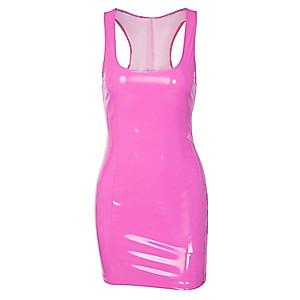 SEMATOMALA Women's Scoop Neck Latex Bodycon Dress Shiny Metallic Strap Shoulder Slim Fitted Club Party Mini Dresses(PI,M)