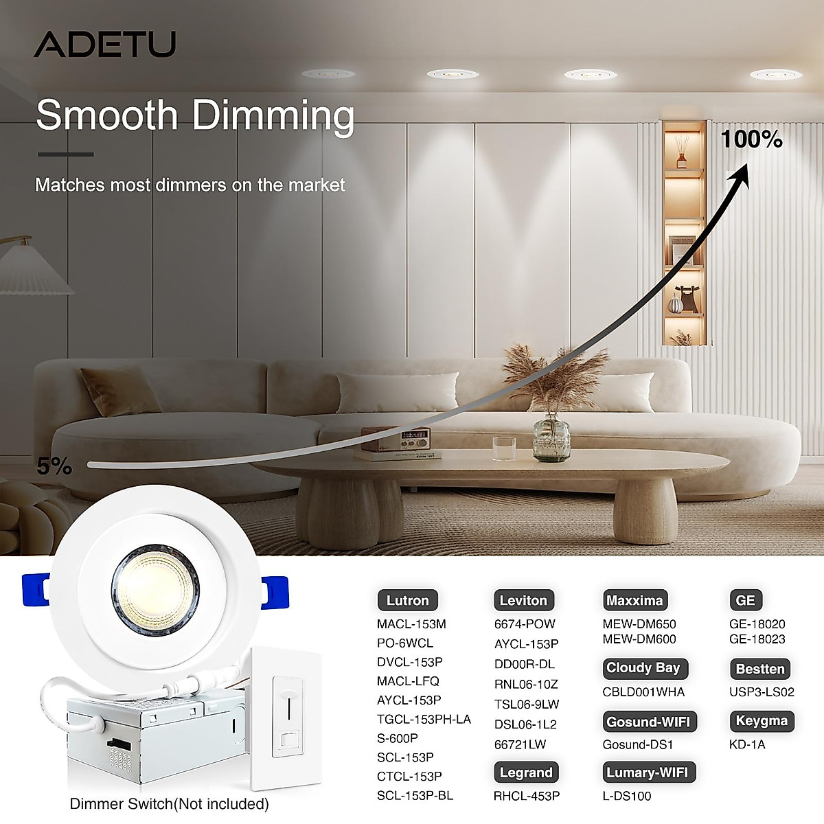 Adetu 4 Inch Gimbal Led Recessed Lights, 360°+90° Adjustable Directional Recessed Lighting, 2700K/3000K/3500K/4000K/5000K Dimmable Retrofit Eyeball Can Lights with Jbox, ETL(White, 6 Pack)