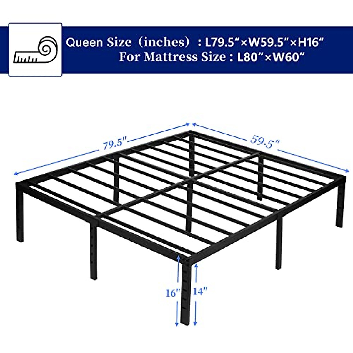AMSEJOPS Heavy Duty Queen Bed Frame, 16 Inches Tall Metal Platform Bedframe with Storage, No Box Spring Needed, Noise-Free, Easy Assembly, 3500lbs Steel Slat Support…