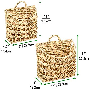 mDesign Woven Hyacinth Hanging Wall Mount Storage Organizer Basket - Rustic Hangable Mounted Market Baskets for Kitchen, Bathroom, Shelf - Holds Floral, Food, and Mail - Set of 2 - Natural/Tan