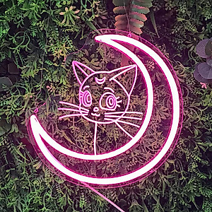 JXIN Moon Neon Sign, Adorable Anime-Inspired Luna Cat Moon Light for Girl's Teen Room Wall Decor, Kawaii Gamer Room, Birthday Decorations