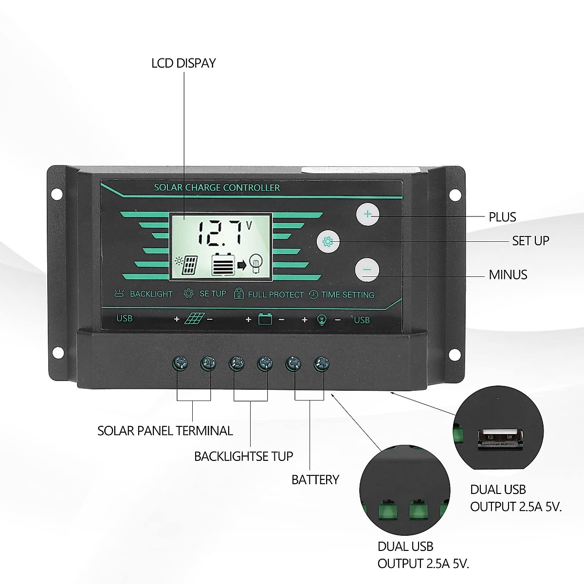 Z10/ Z20/ Z30 Solar Controller, Solar Panel Regulator Dual USB Solar Battery Regulator Solar Regulator PWM, 30A 12V/24V for Lamp(z10)