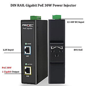 PROCET DIN Rail PoE Injector 30W Industrial IEEE802.3at/ PoE+ Power Injector, 6KV Surge Protection, Wide Working Temperature -40℉ to 149℉, PT-PSE105G-E