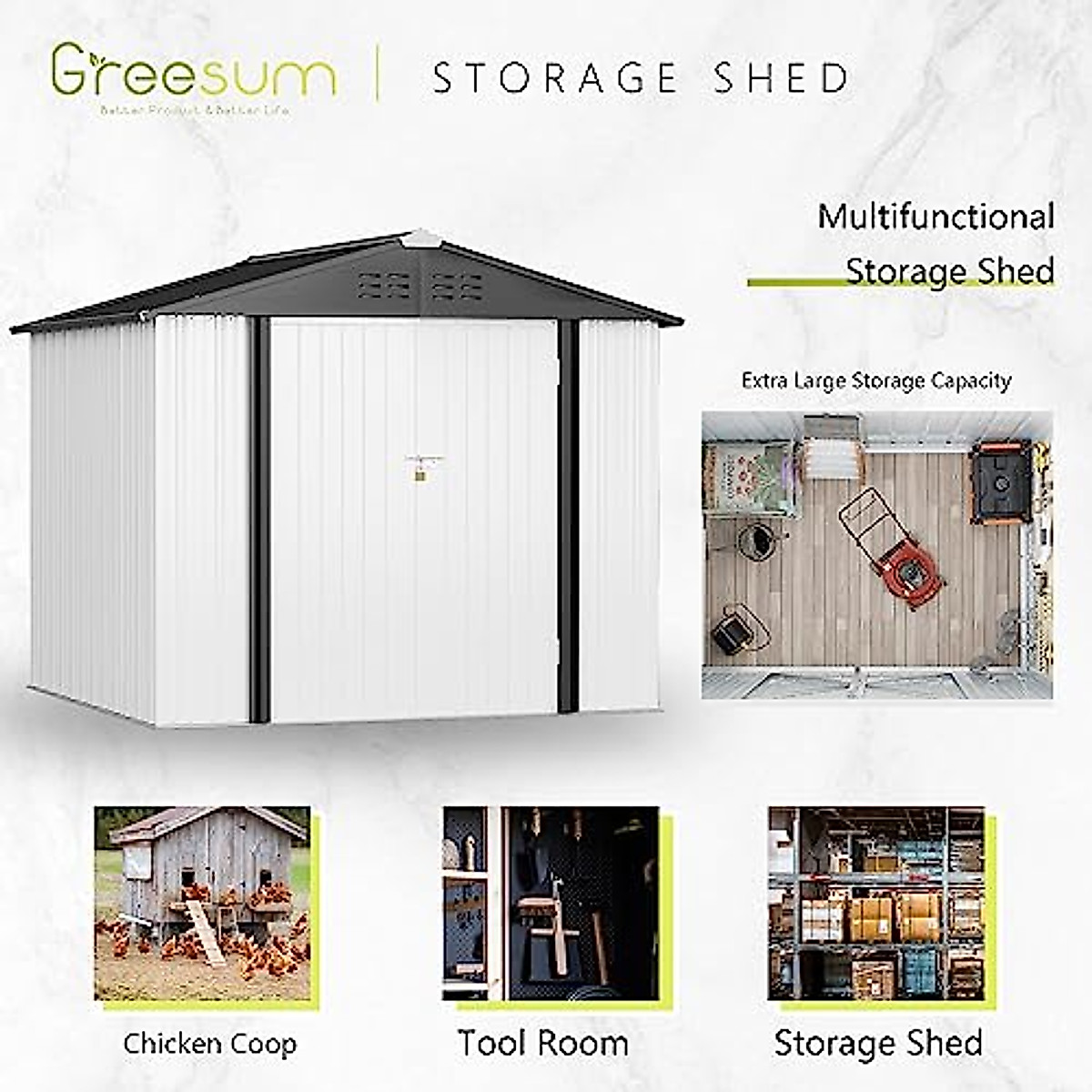 Greesum Metal Outdoor Storage Shed 8FT x 6FT, Steel Utility Tool Shed Storage House with Door & Lock, Metal Sheds Outdoor Storage for Backyard Garden Patio Lawn, White