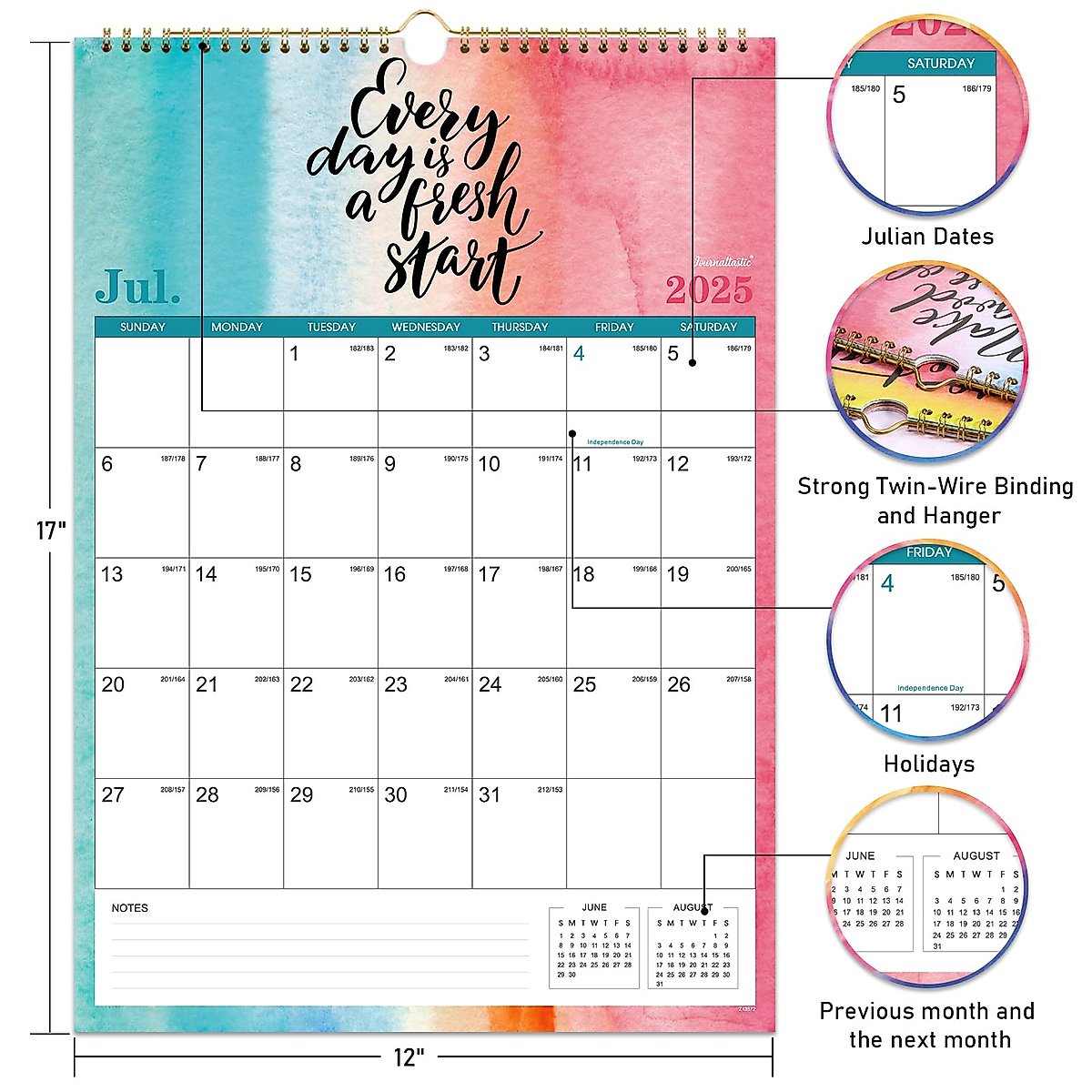 Calendar 2025-2026 - Wall Calendar 2025-2026, July 2025 - December 2026, 18 Monthly with Thick Paper, 12" x 17", Large Blocks with Julian Dates, Twin-Wire Binding, Hanging Hole