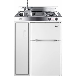 Summit C30EL 30" Kitchenette with 2 Coil Element Cooktop Sink and Faucet in White 2-door refrigerator-freezer included