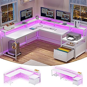 SEDETA L Shaped Gaming Desk, 66" Home Office Desk with File Drawer & Power Outlet, Gaming Desk with Led Lights, Corner Computer Desk with Monitor Shelf, Printer Storage Shelves, Two Person Desk, White
