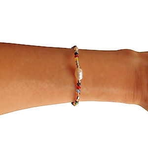 Handmade 925 Sterling Silver, Pearls and Multi Color Glass Beads Stretch Bracelet for women, Length 6.75 inches / 17CM, Dainty Beaded Bracelet Boho Jewelry, By MiYa Jewelry Creations