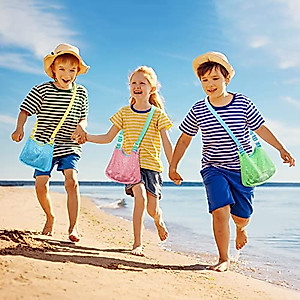F-color Beach Toy Kids Beach Bag Shell Collecting Bag, Mesh Beach Bag Seashell Bag Net Bag for Sea Sand Pool Swim Beach Shell Accessories Beach Gifts for Kids Girls Boys, 3 Packs (Green, Blue, Pink)