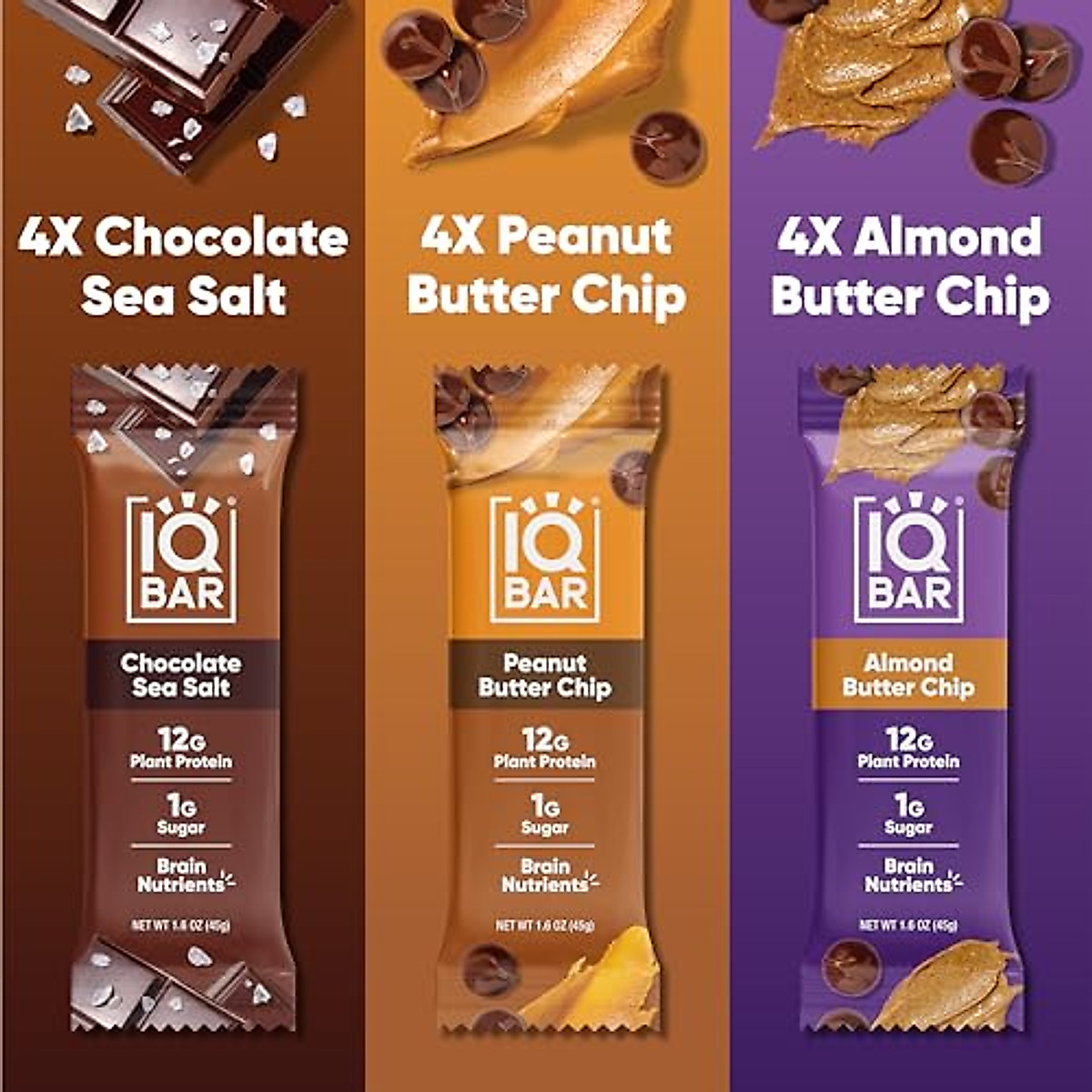 IQBAR Brain and Body Plant Protein Bars - Chocolate Lovers Variety - 12 Count, Low Carb, High Fiber, Gluten Free, Vegan Snacks - Low Sugar Keto Bars