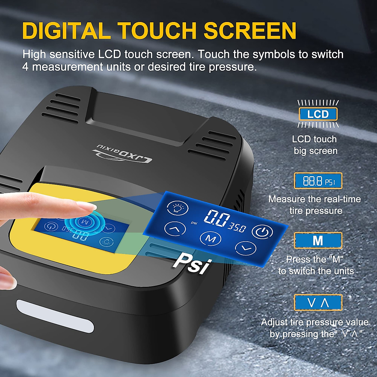 LJXDQIXIU Air Compressor Tire Inflator - Portable DC 12V 120PSI Auto Air Pump - Digital Pressure Gauge, Touchscreen and Emergency LED Light - Car Tire, Bicycle, Basketball and Other Inflatables