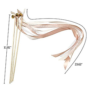 Cieovo 50 Pack Ribbon Fairy Wands Wedding Streamers with Bells, Silk Fairy Stick Wand Party Favors for Party Activities Baby Shower Holiday Celebration (Champagne lace)