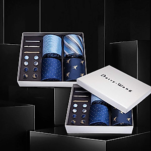 Barry.Wang Designer Blue Ties for Men Handkerchief Cufflink and Tie Clip Necktie Set Fashion