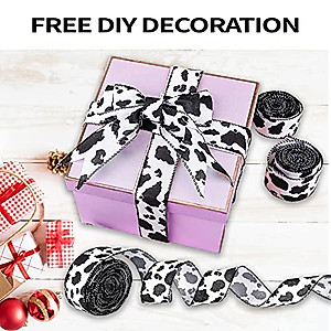 3 Rolls Wired Cow Grosgrain Ribbon, 15 Yards Wired Cow Print Ribbon Black and White Ribbon Animal Print Ribbon, Cow Spot Pattern Ribbon, Animal Print Ribbon for Wreath Bow DIY Crafts Party Decoration