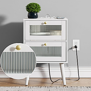 RRX Wooden Nightstand with Charging Station, Bedside Table with Reeded Glass Door Drawer, 2 Tiers End Table Storage,Side Table for Bedroom White (1)