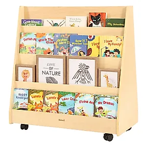 Double-Sided Bookshelf with Wheels, Wooden 4-Layer Toddler Bookshelf, Children's Magazine Storage Shelf, Ideal for Playrooms, Bedrooms, Study Rooms, Living Rooms
