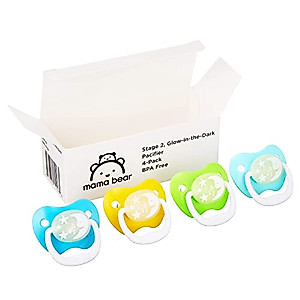 Amazon Brand - Mama Bear Glow-in-the-Dark Baby Pacifier, Stage 2 (6-12M), BPA Free, Assorted Colors, 4 count (Pack of 1)