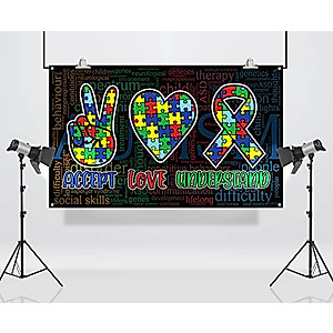 Vohado Autism Awareness Photo Booth Backdrop Accept Understand Love April Decor Puzzle Piece Photography Background Wall Decor-5.9×3.6ft