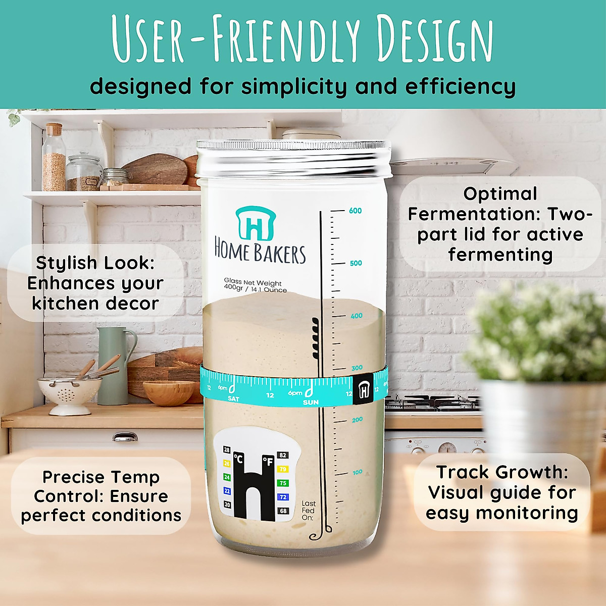 Ameeze Premium Sourdough Starter Jar Kit - 24oz Wide Mouth Glass Jar with Feeding Tracker, Thermometer, Silicone Scraper, and Airtight Lid - Complete Kit for Easy Artisan Bread Baking