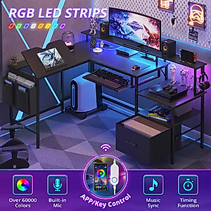 UPOSOJA L Shaped Gaming Desk with Keyboard Tray, Adjustable Drafting Table, Reversible Home Office Desk with Storage, Power Outlet LED Light File Cabinet Monitor Stand Printer Space (Black)