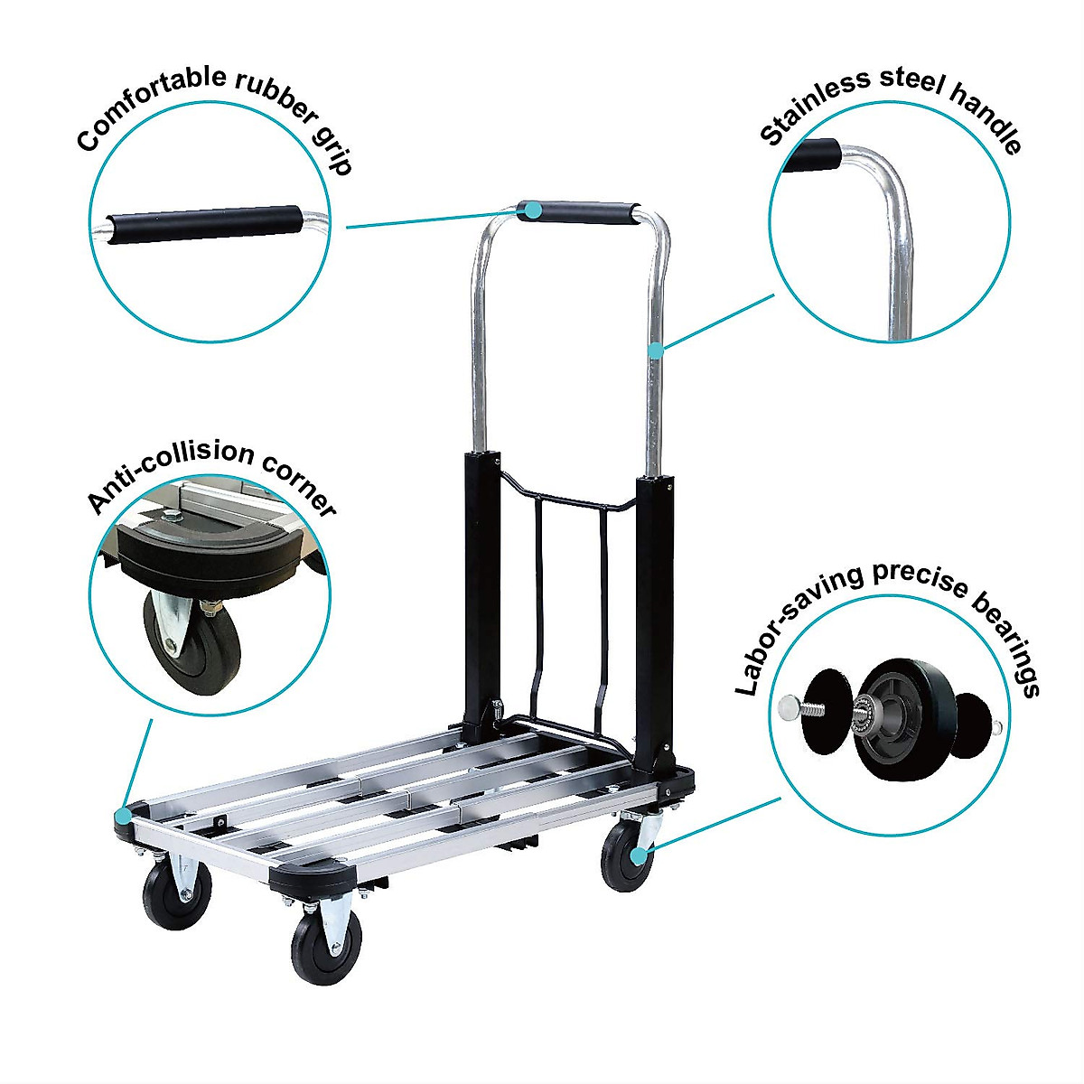 LEADALLWAY Foldable Push Cart Aluminum Alloy Platform Cart with 4-Wheel,Adjustable Length,330-LB Capacity(with 2 Ropes)