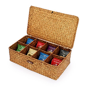 ELLDOO Tea Bags Box with Lid, Wicker Rattan Sugar Packet Holder Coffee Station Condiment Organizer Countertop Storage Desk Baskets for Pantry Coffee Bar Shelves, 8 Grids