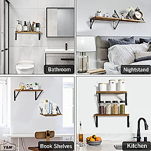 Y&M Floating Wall Shelves, Set of 3 Carbonized Pine Wood Wall Mounted Shelf with Black Metal Brackets, Decorative Storage for Bedroom, Bathroom, Farmhouse, Modern Home Decor - Rustic Brown and Black