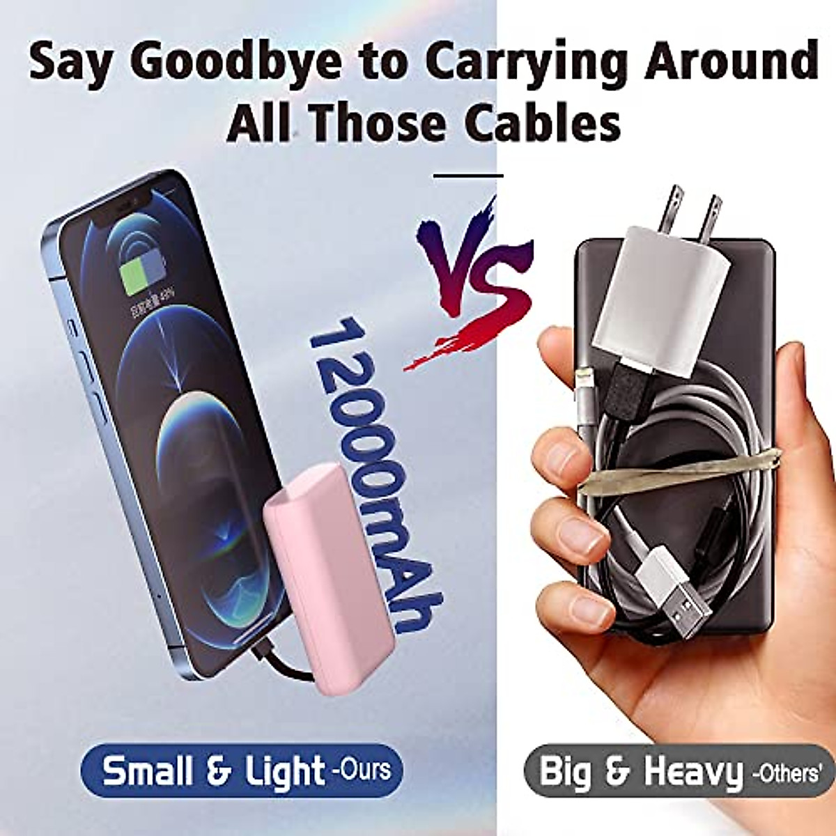 BOANV 12000mAh【2023 Upgraded】 Mini Lightweight Portable Battery Charger with 2 Built-in Cables (Type C, iOS), Fast Phone Charging Battery Pack Power Bank Portable Charger (Pink)