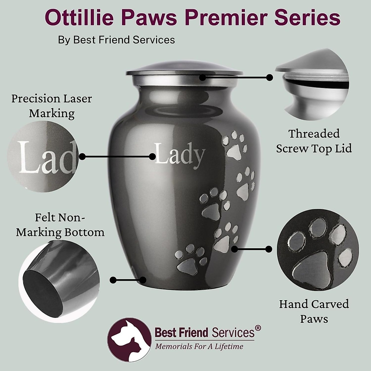 Best Friend Services Pet Urn for Dogs and Cats with Personalized Laser Engraving, Ottillie Paws Premier Series Memorial Urns (Medium Amethyst Purple with Horizontal Pewter Paws)
