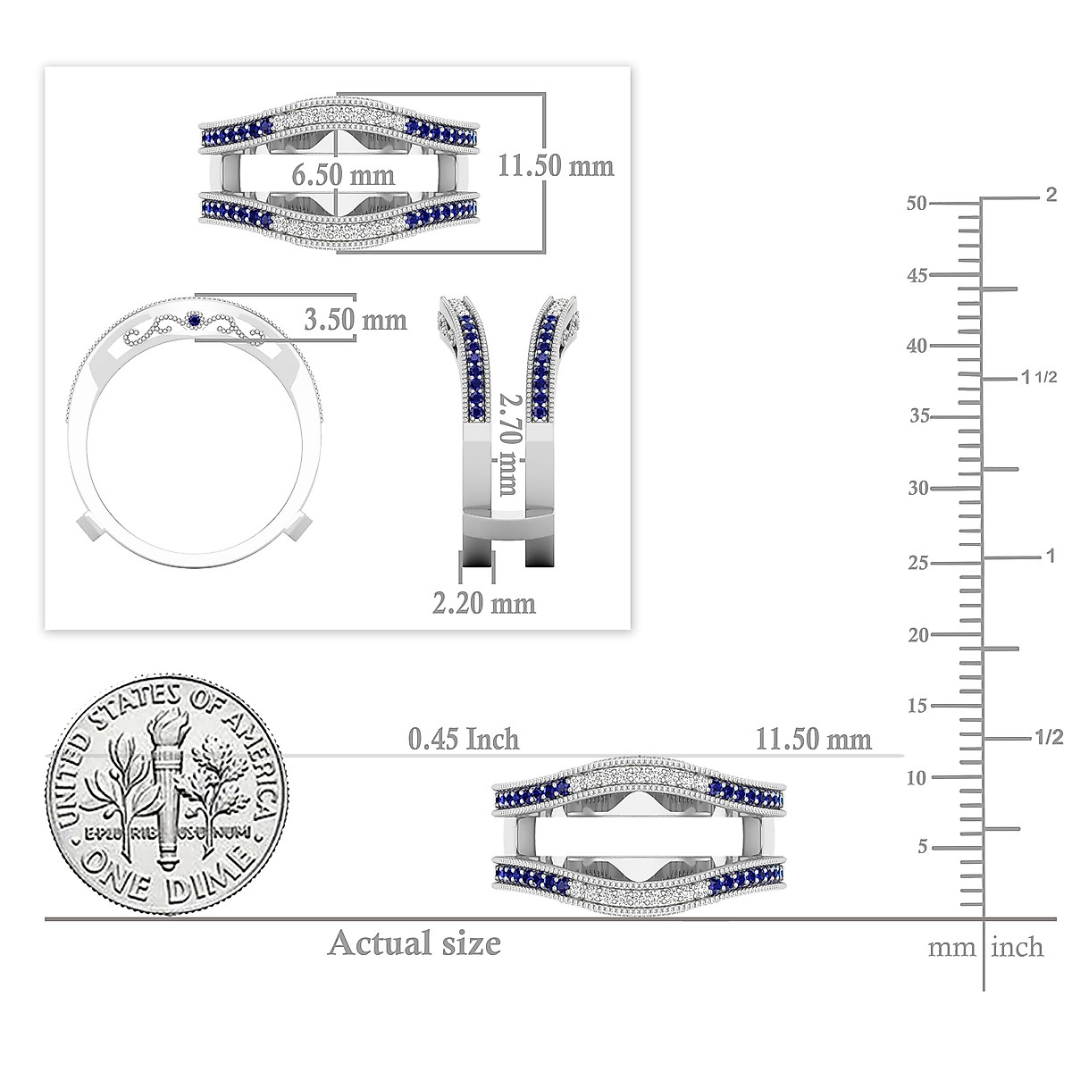 Dazzlingrock Collection Round Blue Sapphire & White Diamond Women Wedding Band Enhancer Guard Ring, Sterling Silver, Size 7.5