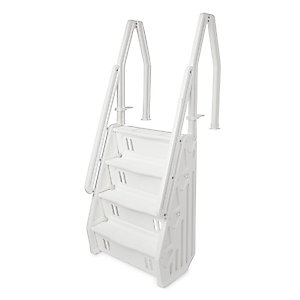Vinyl Works Deluxe Versatile Adjustable 32 Inch in-Pool Step Ladder Entry System with Double Handrail for Above Ground Swimming Pools, White