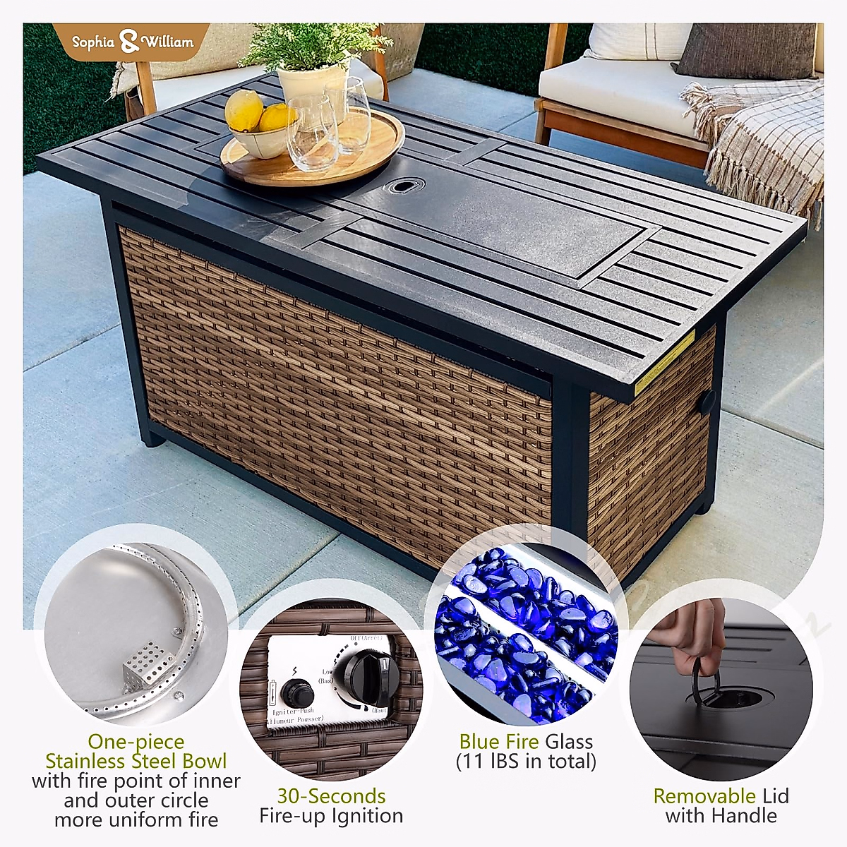 Sophia & William Patio Furniture Set with Fire Pit Table, 10 Piece Half Moon Outdoor Wicker Sectional Sofa Set, Rattan Conversation Set with 56-Inch Fire Pit Table for Backyard, Deck, Pool(Aqua Blue)