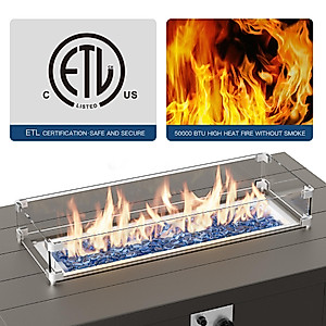 Gotland 7-Seater Outdoor Metal Patio Furniture Set with 2 Swivel Rocking Chairs & 55,000 BTU Gas Fire Pit Table with Glass Wind Guard - Patio Conversation Sectional Sofa Sets in Grey