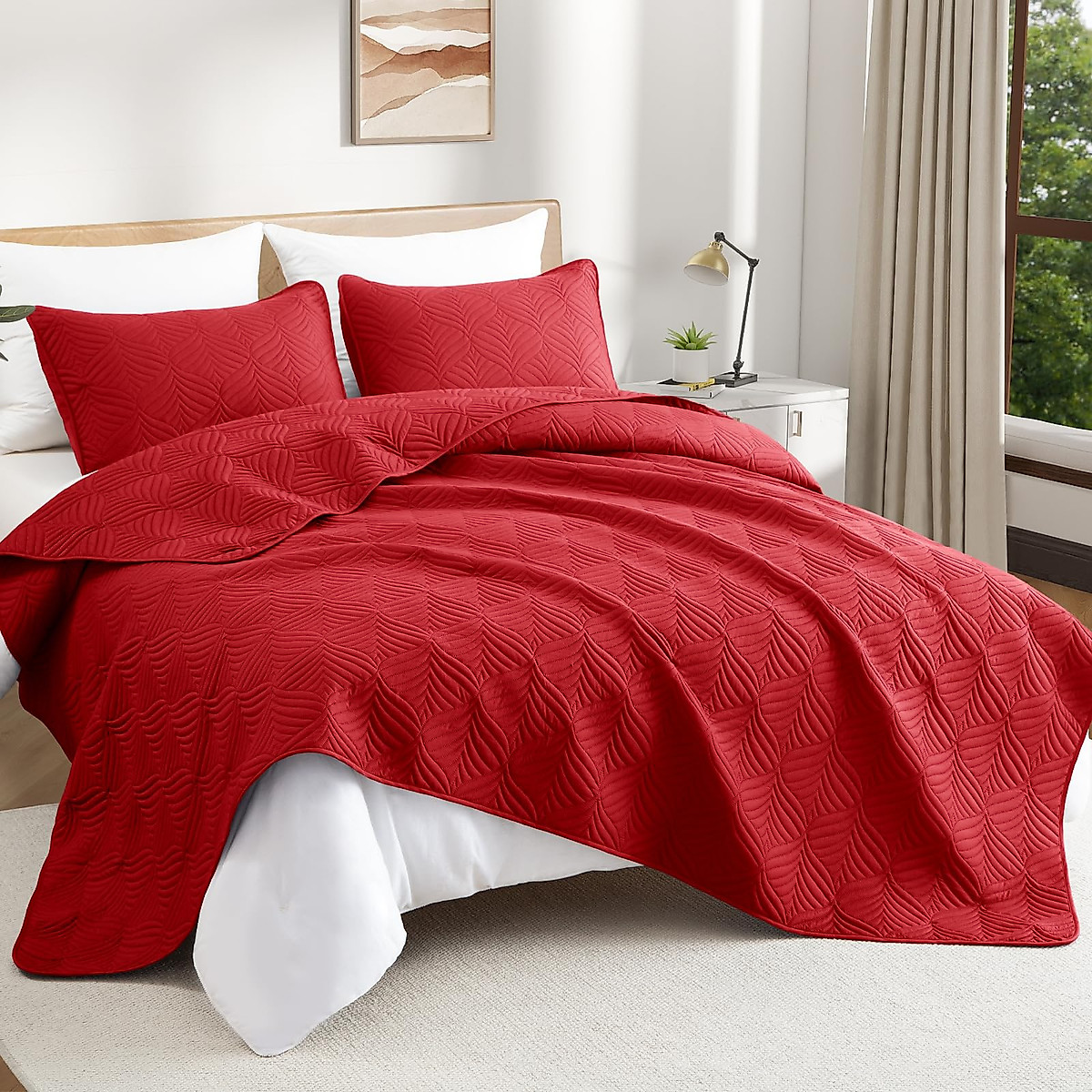 Whale Flotilla Elegant Extra Soft Quilts Queen Size, 3-Piece Lightweight Modern Geometric Full Queen Quilt Bedding Sets Bedspread Coverlet for All Seasons, Red