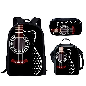 SCRAWLGOD Guitar Print 3 in 1 School Backpack Lunch Box Pencil Case Set for Boys Girls Shoulder Bookbag Schoolbag for College Student