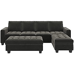 Belffin Velvet Convertible 4-Seat Sectional Sofa with Reversible Chaise L Shaped Sofa Couch Furniture Sets Sectional Couch with Storage Ottoman Grey