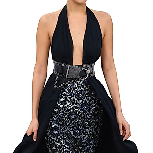 Women's Fashion Vintage Wide Waist Belt Elastic Stretch Cinch Belts With Interlock Buckle(Black,Small(26"-33"))