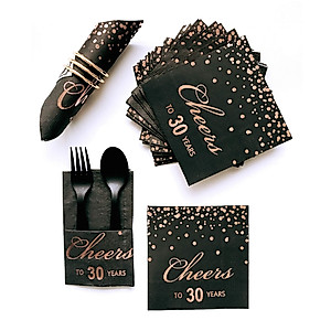 Rose Gold Foil Cocktail Napkins with Cheer 30 Years | Folded 5 x 5 Inches Disposable Party Napkins | 3-Ply Paper Beverage Napkins for 30th Birthday Decorations, Wedding Anniversary, Retirement, Black