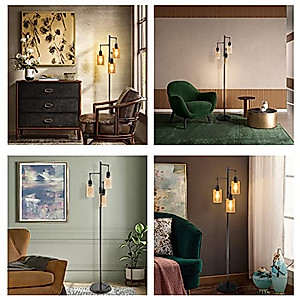 Liylan Farmhouse Floor Lamps Dimmable for Living Room, Oil Rubbed Bronze Tree Standing lamp , 3 Lights Tall Pole Lighting with Amber Glass Shade