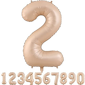 40 Inch Tan Light Brown Number 2 Balloons,Caramel Matte Beige Large Foil Helium Mylar Birthday Party Balloon 0-9 Champagne Color Nude Number (2) for Baby Shower Wedding Decorations