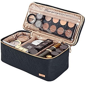 NISHEL Double Layer Makeup Bag Large Travel Cosmetic Case, Makeup Organizer for Lots of Brushes, Portable Toiletry Bag for Women and Girls, Black