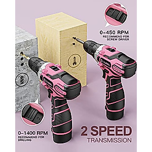 Pink Drill, OUBEL 12V Pink Cordless Drill Set, Pink Drill Set for Women, Power Drill, 2.0AH Battery, 18+1 Torque Setting, 3/8" Keyless Chuck, 2 Variable Speed, 15Pcs Driver/Drill Bits and Storage Bag