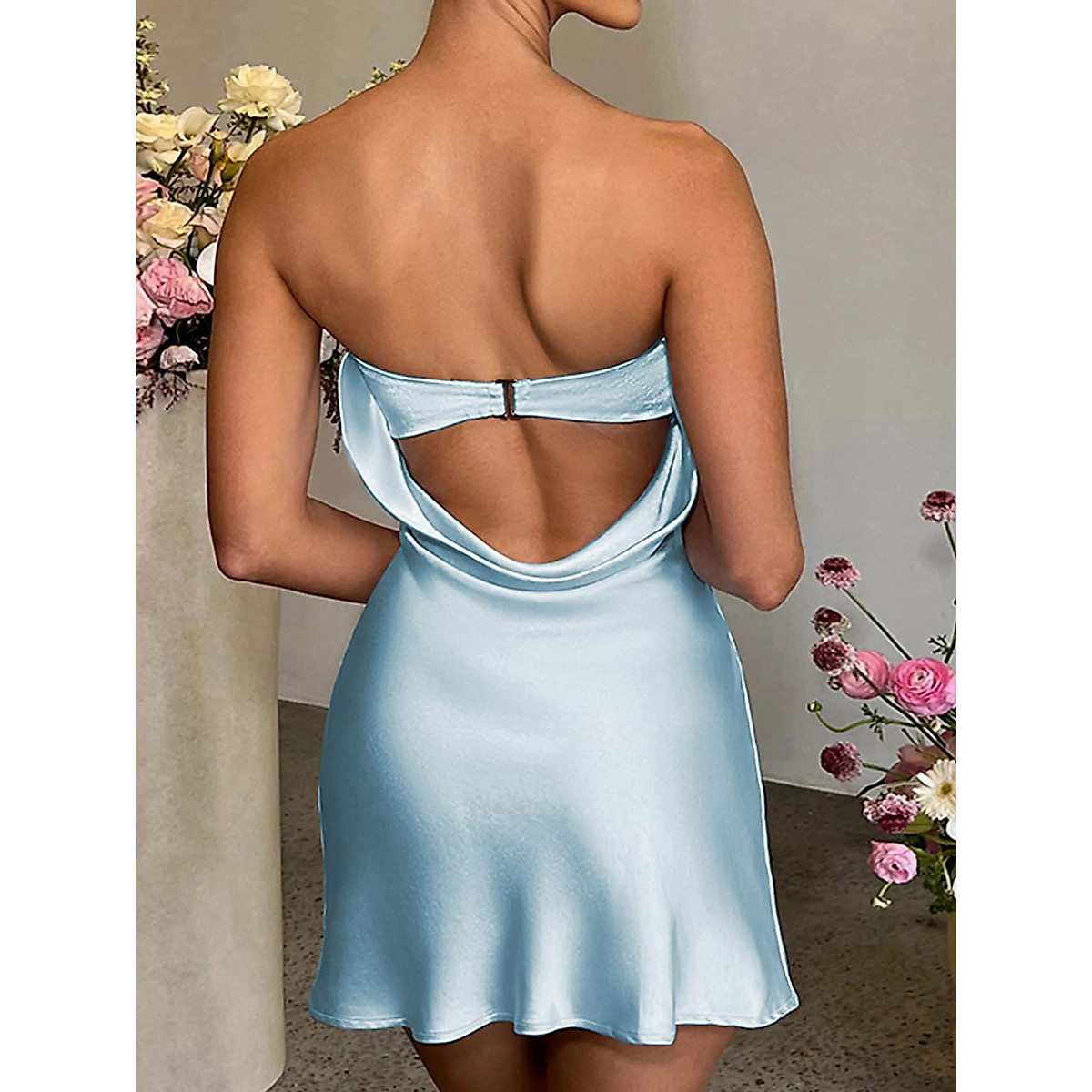 LYANER Women's Satin Silk Hollow Out Back Strapless Tube Bodycon Club Mini Dress Blue# Medium