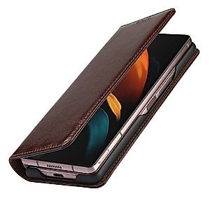 Jaorty Compatible with Samsung Galaxy Z Fold 2 5G Wallet Case,Stand Feature Cowhide Genuine Leather Credit Card Holder Coin Slot Cover Case for Samsung Galaxy Z Fold 2 5G,Dark Brown