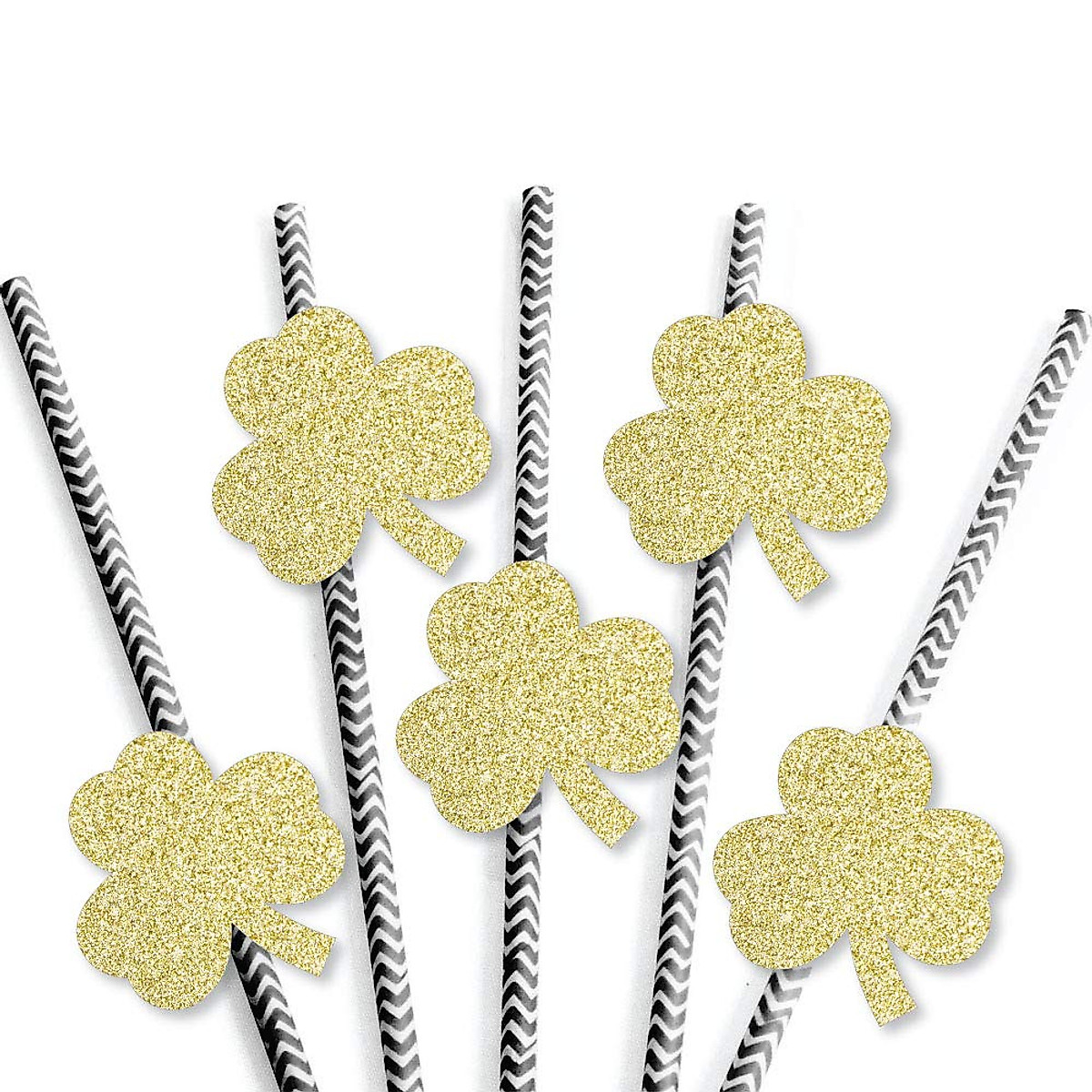 Gold Glitter Shamrocks Party Straws - No-Mess Real Gold Glitter Cut-Outs & Decorative St. Patrick's Day Party Paper Straws - Set of 24