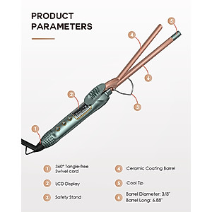 Elilier 3/8 Inch Small Curling Iron, 9mm Tiny Curling Iron Wand Barrel for Medium Long Hair, Ceramic Skinny Long Barrel Curling Iron w LCD Display, Curling Wand w Heat Glove for Styling, Tight Curls